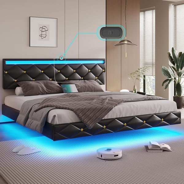 Floating Bed Frame LED Lights USB Ports Low Profile Faux Leather - On ...