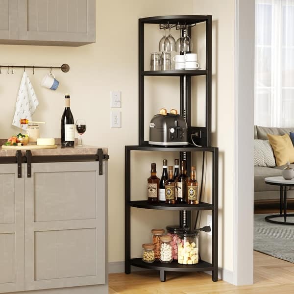 Wood 5 Tier Corner Bar Rack Shelf with Power Outlets LED Lights Glass ...