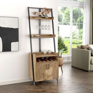 Brady Rustic Light Oak Metal 2-Shelf Leaning Bar Cabinet with Wine Rack ...