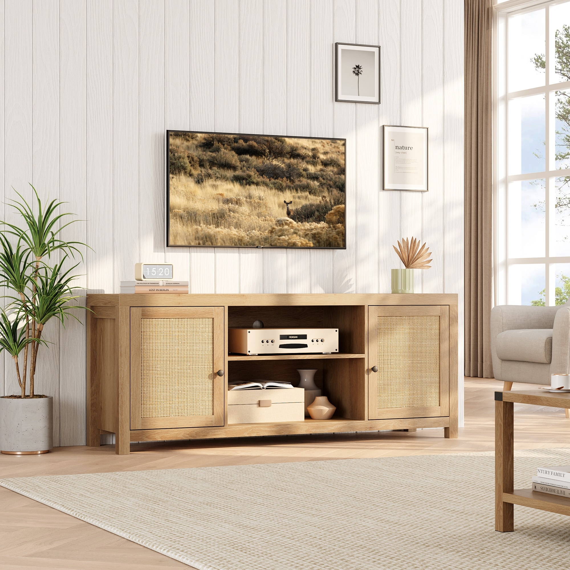 Boho Rattan TV Stand with Under TV Cabinet