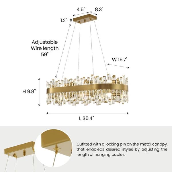 36 in. Modern Crystal Chandeliers 16-Light Brass Gold Rectangular ...