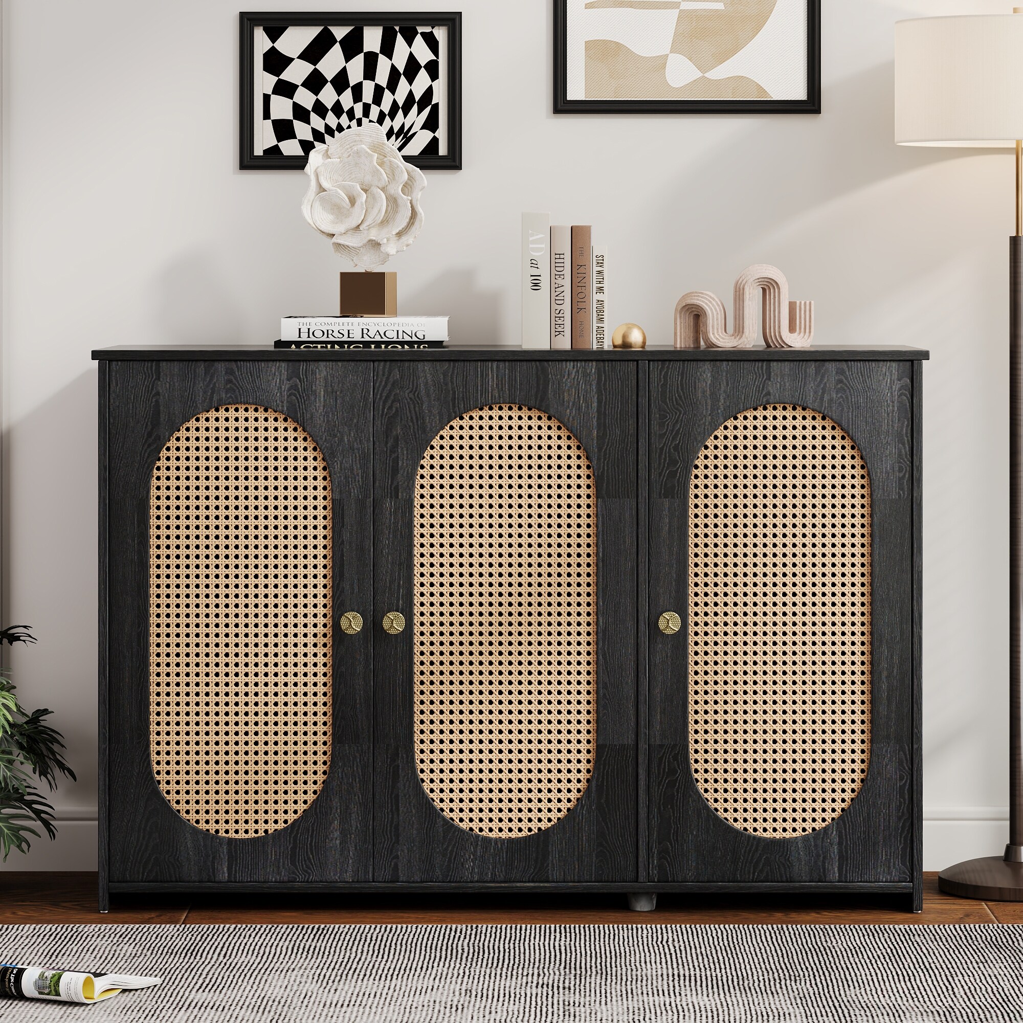 Antique Black 3 Door Cabinet with Retro Design Rattan Doors Metal for Living Room