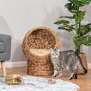 Hand Woven Raised Swivel Rattan Cat Bed Cat Egg Chair with Upholstered ...