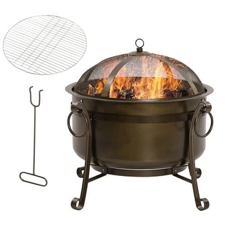 Outdoor Wood Burning Fire Pit Cauldron Style Steel Bowl w/ BBQ Grill ...