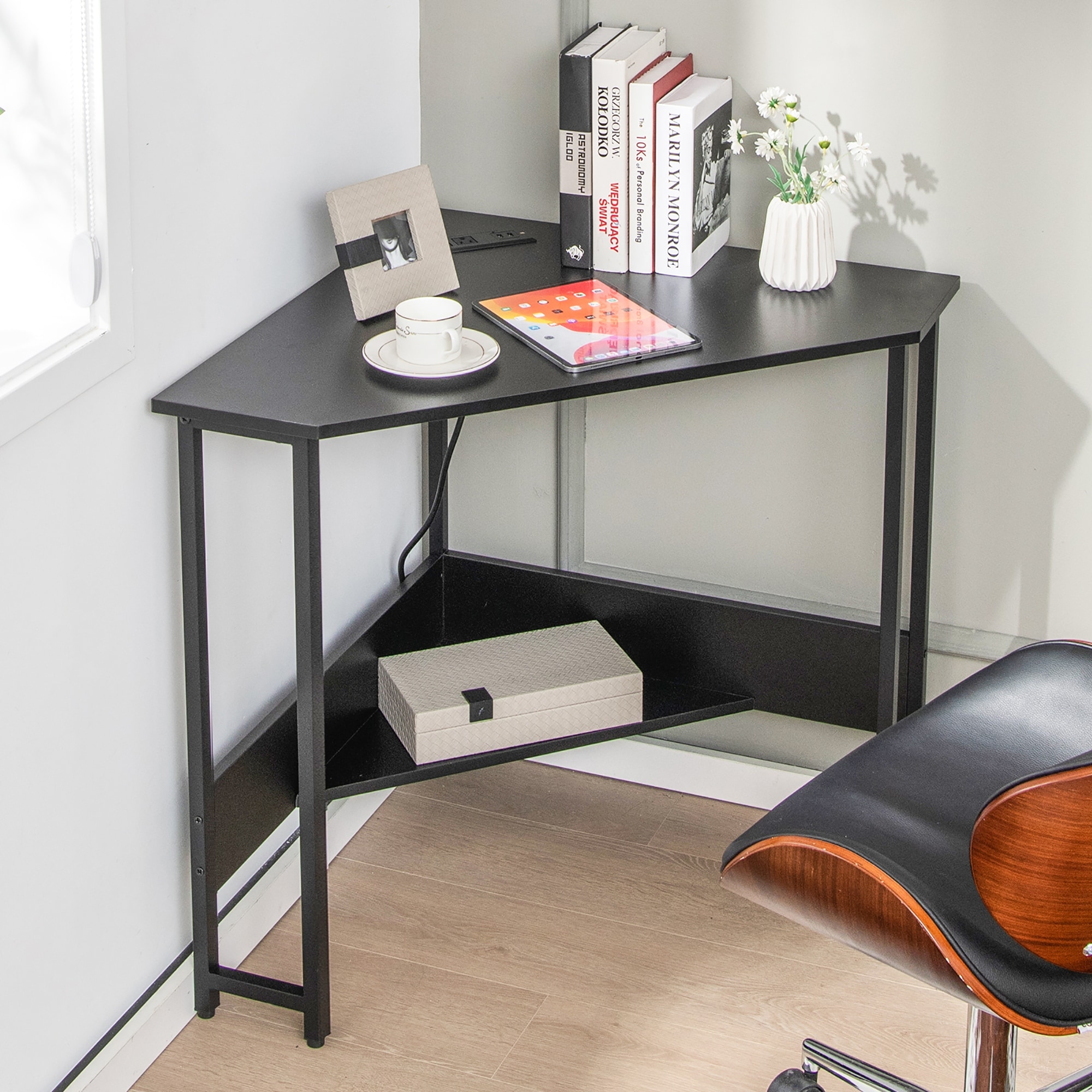 Corner Computer Desk Triangle Desk Workstation w Storage Shelf - On ...