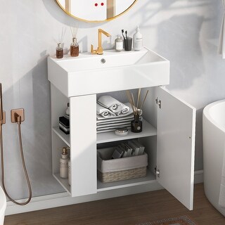 21.6in Cream Style Bathroom Storage Cabinet with Ceramic Basin,Left ...