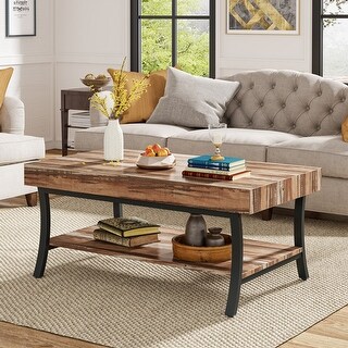 47-Inch Wood and Metal Coffee Table, 2-Tier Rectangular Rustic Living ...