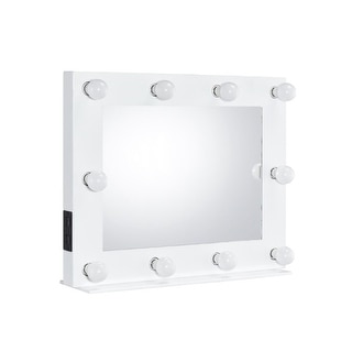 32 Inch Modern Lighted Mirror, 2 Power Outlets, 10 Bulb Sockets, White ...