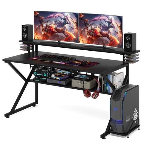 Gaming Desk with Storage Shelf and Monitors Shelf Computer Desk with ...