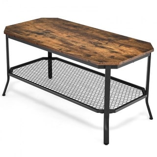 2-Tier Industrial Coffee Table Central Table with Metal Mesh Shelf for ...