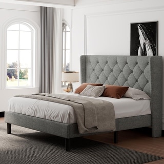 Queen Bed Frame with Wingback, Upholstered Platform Bed with Diamond ...