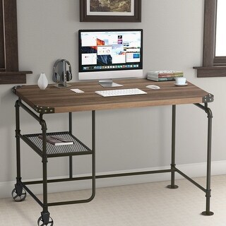 Industrial Metal Writing Desk With Wooden Top, Brown - Bed Bath ...