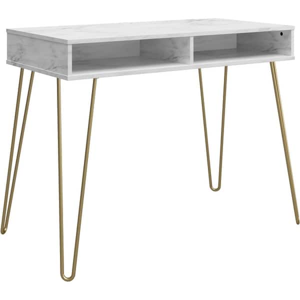 White Faux Marble Computer Desk with Storage and Hairpin Legs - White ...