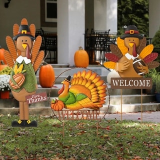 Glitzhome Fall Thanksgiving Metal Turkey Pumpkins Yard Stake - Bed Bath ...