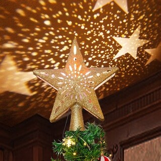Lighted Gold Glitter Star Tree Topper with Rotating Magic Star ...