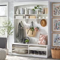 Wide Hall Tree Coat Rack Entryway Storage Bench Display Cabinet, White ...