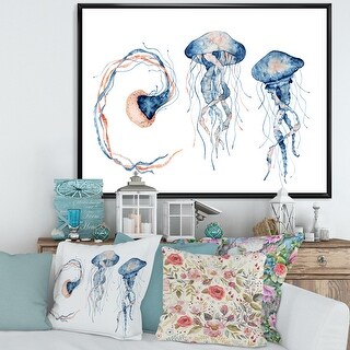 Designart "Blue Squids On White" Nautical & Coastal Framed Canvas Wall ...