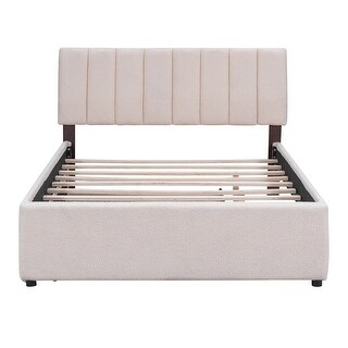 Beige Full Size Platform Bed with Stripe Headboard, Trundle Bed - Bed ...