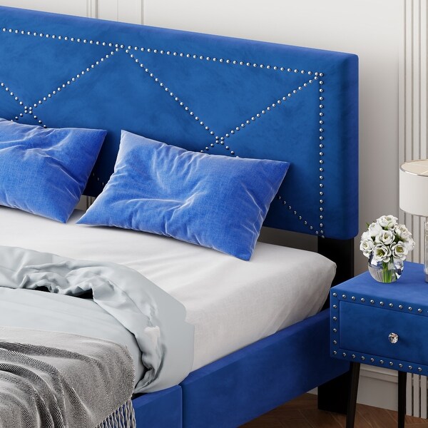 Simple Upholstered Queen Size Platform Bed with Rivet Design and Headboard Blue
