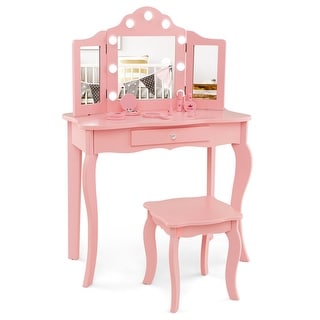 Costway Kid Vanity Table Stool Set Tri-Folding Mirror Adjustable - See ...