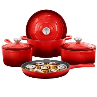 MegaChef 7 Piece Enameled Cast Iron Cookware Set in Red - Bed Bath ...