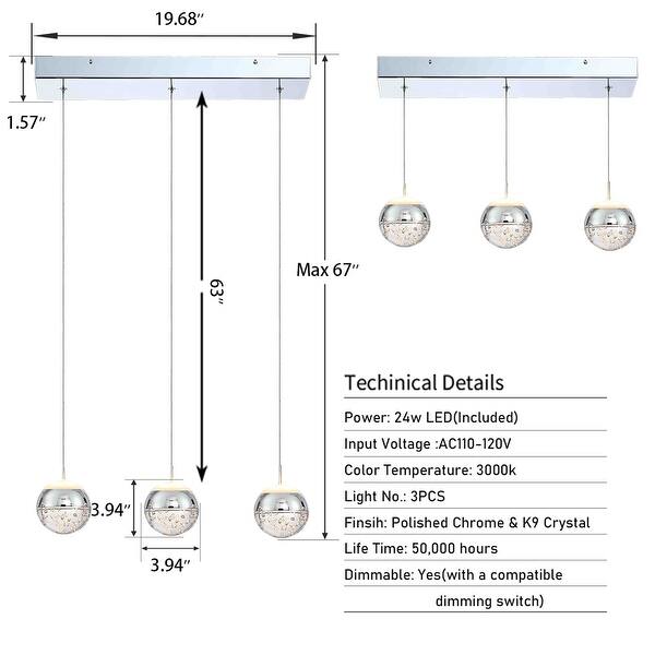 1-Light/3-Lights Globe LED Pendant Light with Bubble Crystal Ball - Bed ...