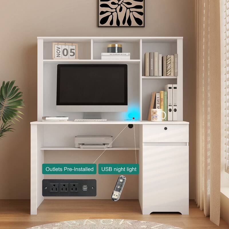 Modern Computer Office Desk with Charging Ports and Lockable Storage ...
