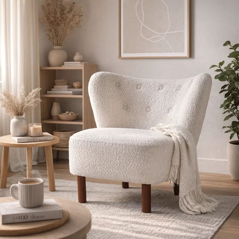 34 Inch Modern Tufted Wingback Accent Chair, Teddy Sherpa Fabric, White ...