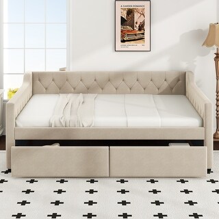 Full Size Upholstered Tufted Daybed with 2 Drawers and Sturdy Frame ...