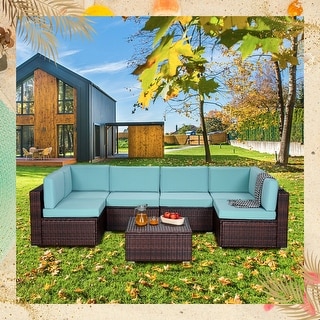 Rattan Wicker Patio Set, 7-Piece Sectional Sofa with Teal Cushions and ...