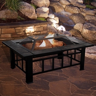 Pure Garden 37-inch Black Rectangular Tiled Fire Pit Table with Cover ...