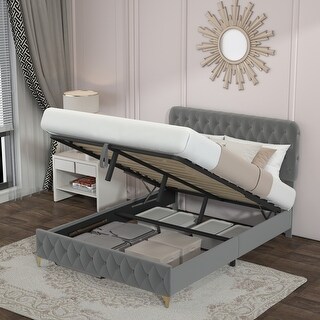 Full Size Velvet Platform Bed Frame with Pneumatic Hydraulic - Bed Bath ...
