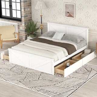 Queen white Pine Wood and MDF Platform Bed: 4 Drawers, Support Legs ...