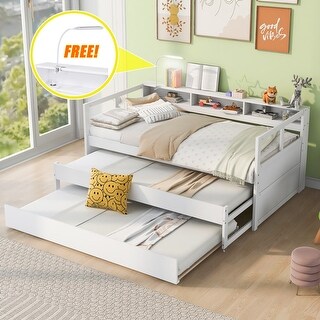 Wood Twin XL Daybed with 2 Trundles, 3 Bookshelves, 1 Light, USB ...