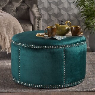 Plush Velvet Round Ottoman, Decorative Footrest with Studded Accents ...