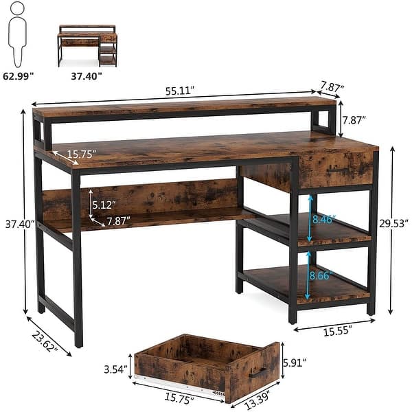 Computer Desk with Monitor Shelf and Drawers 55 inch Industrial Home ...