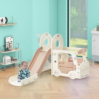 Kids Bus Play Structure with Slide and Basketball Hoop for Toddlers ...