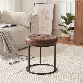Faux Leather Round Ottoman Button Tufted Metal Base Dark Brown - Bed ...
