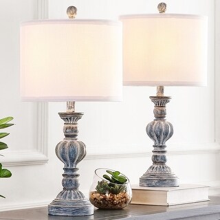 22.75 in. Washed Aqua/Blue Table Lamps with White Linen Shade, 9.5-Watt ...