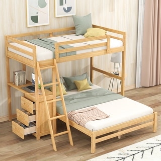 Twin Over Full Bunk Bed with Built-in Desk and 3 Drawers, Solid Wood ...
