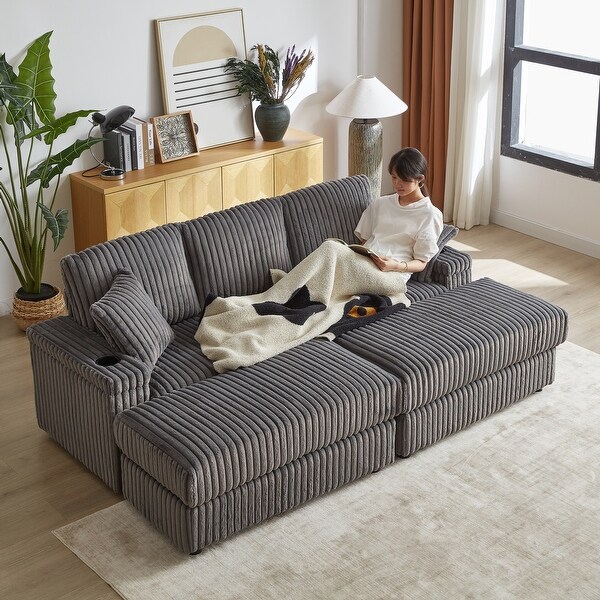 Corduroy 3 seater Sofa Oversized Loveseat and Ottoman Set Convertible L Shaped Sectional Sleeper Sofa Deep Seat Couch Grey Bed Bath Beyond 42100985