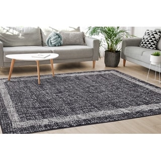 Florence Collection - Grey Distressed Border Rug - 4'7" x 6'7" - Bed ...