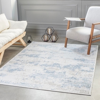 Trendy Collection Neutral Ivory, Tan, and Blue Greek Key Rug - Bed Bath ...