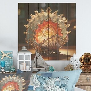 Designart "Magical Golden Seashell Relics" Seashell Wood Wall Decor ...
