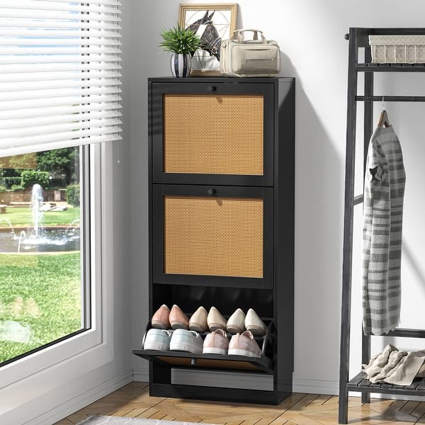 18 Pairs Black Shoe Storage Cabinet Wood Shoe Rack Organizer with 3 ...