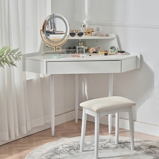 Modern Corner Makeup Vanity Desk with Large Storage, LED Mirror & Stool ...
