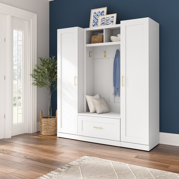 Bush Furniture Hampton Heights Full Entryway Storage Set with Hall Tree Shoe Bench with Drawer and Cabinet White Standard Delivery