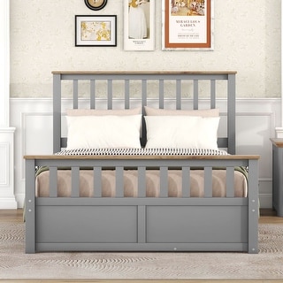 Grey Full Bed Wood Platform Bed with 2 Drawers Natrual Headboard - Bed ...