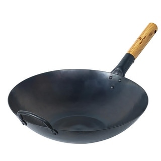 Carbon Steel Wok 13.5" Pre-seasoned No Coating Flat Bottom Hand ...