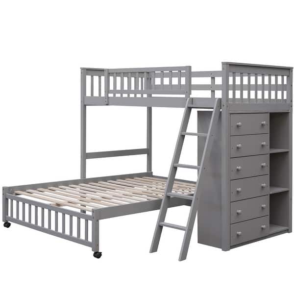 Gray Wooden Twin Over Full Bunk Bed with Wheeled Bottom Bed / 6 Drawers ...